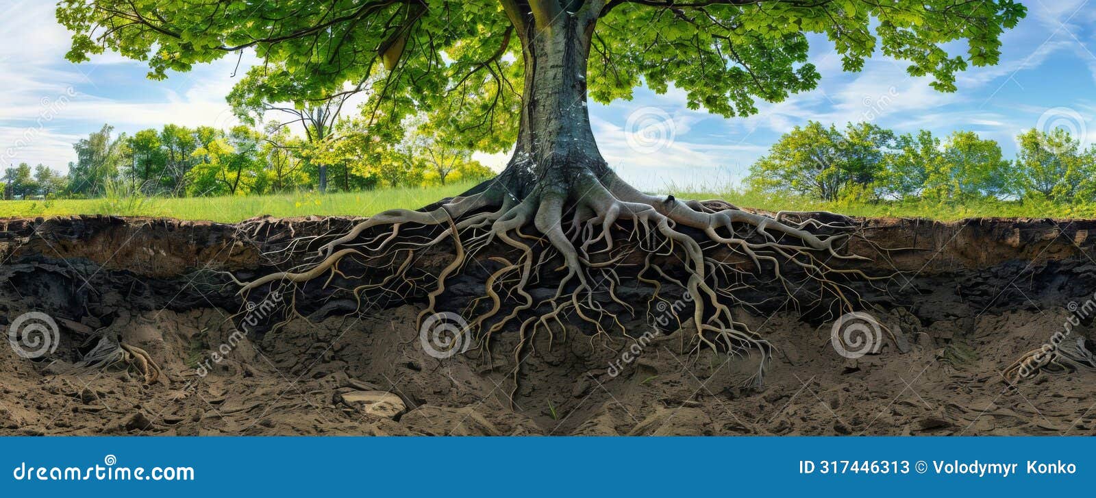 Panoramic View of a Large Tree with Exposed Roots on a Soil Cutaway ...