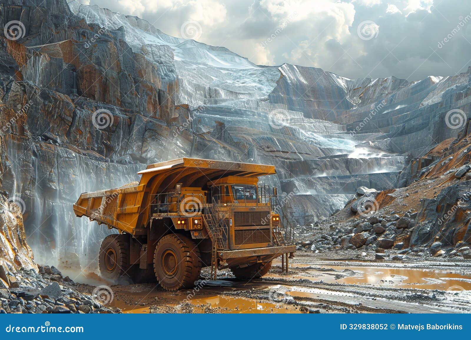 Panoramic View of a Large Yellow Truck Transporting Gold Ore in an ...