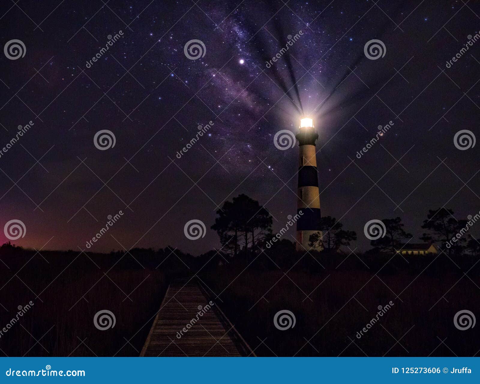 Panoramic View of Lighthouse and Milky Way Galaxy at Night Stock Photo ...