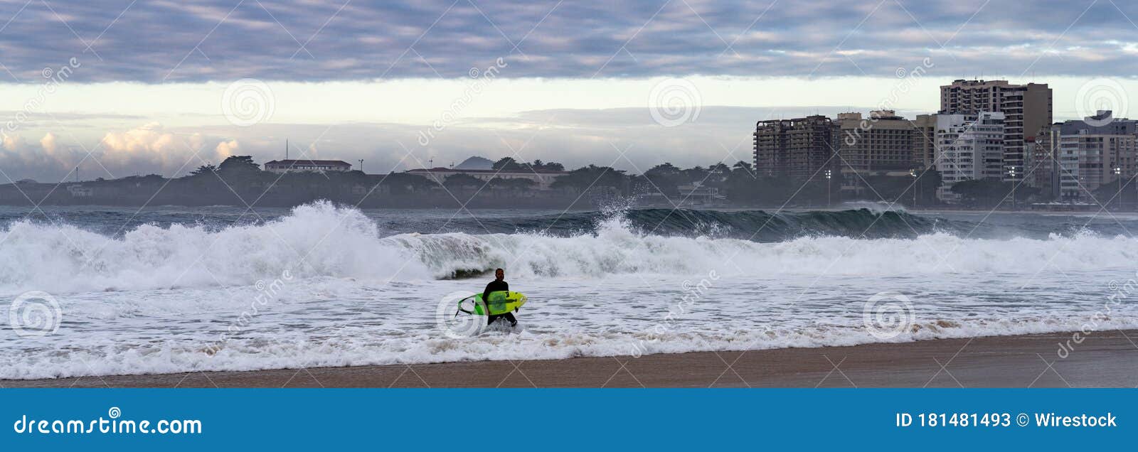 Panoramic View of a Male Returning from Surfing on Copacabana Beach ...