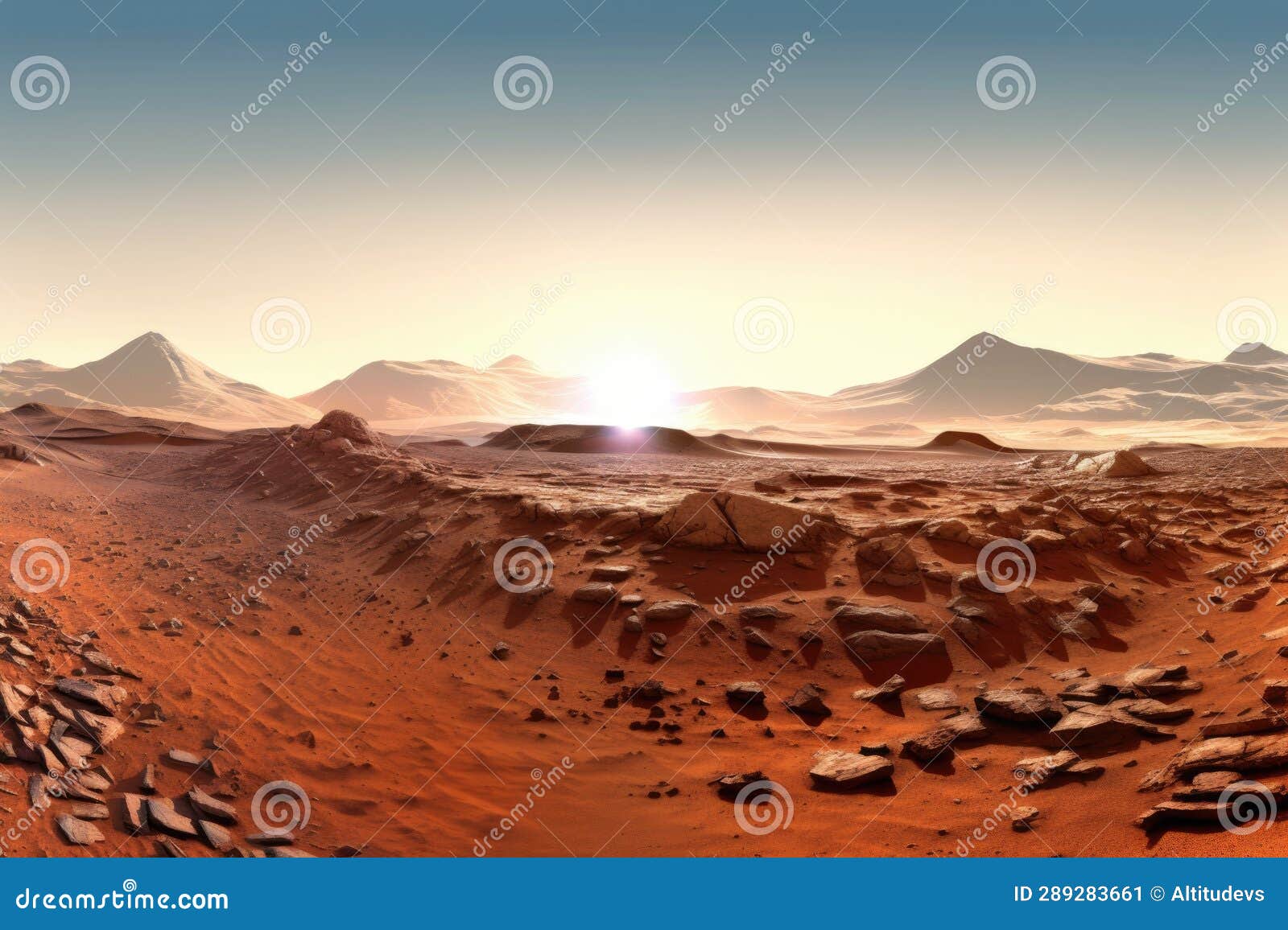 Panoramic View of Mars Surface with Rover in Distance Stock Image ...