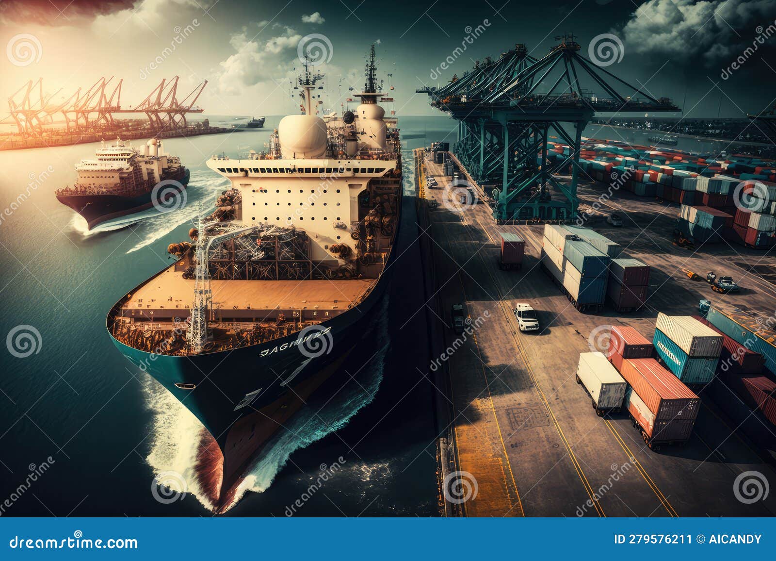 Panoramic View of a Massive Cargo Ship Entering a Busy Port with Cranes ...