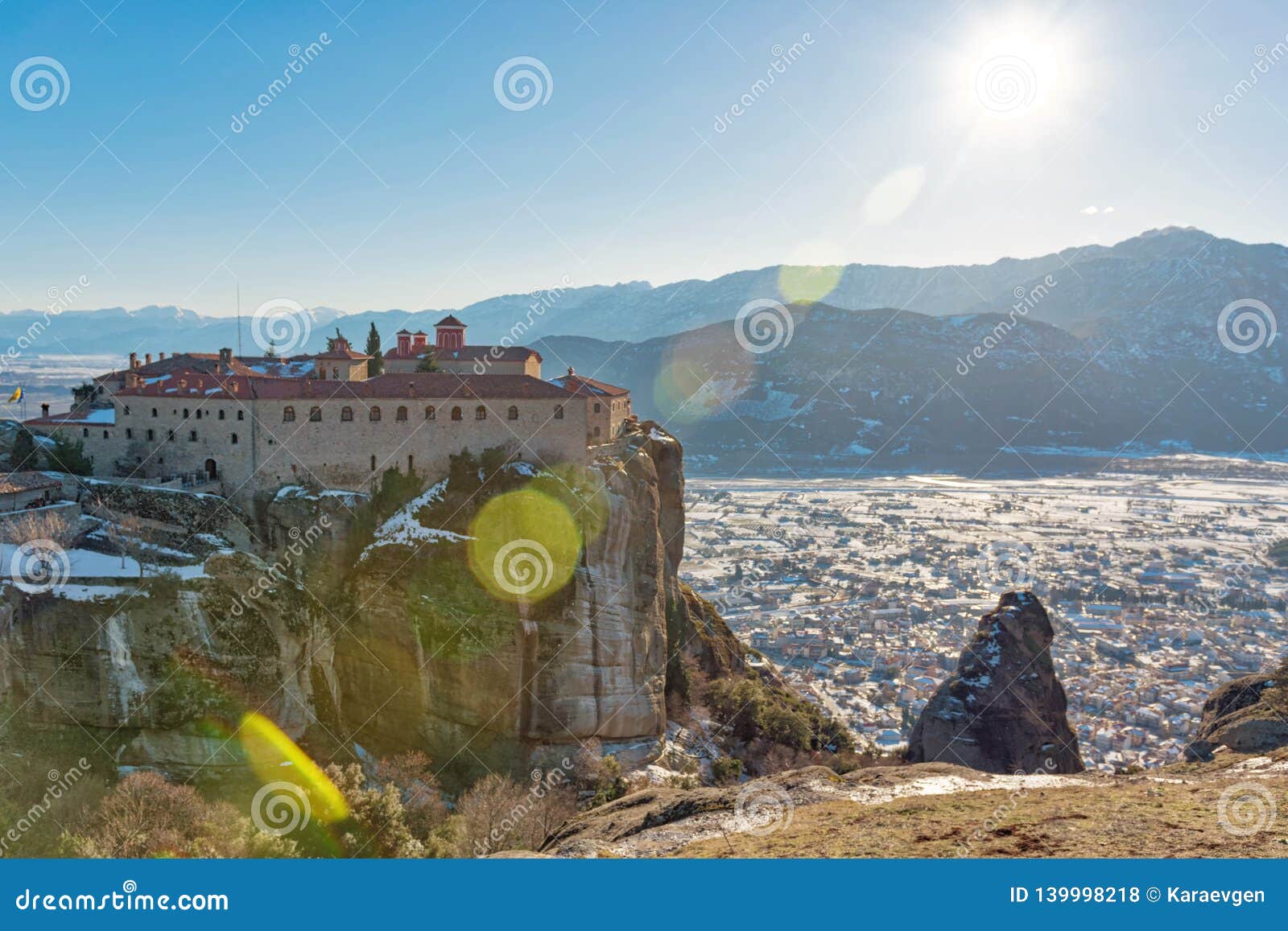 Panoramic View of Meteora Monastery on the High Rock in Winter Time ...