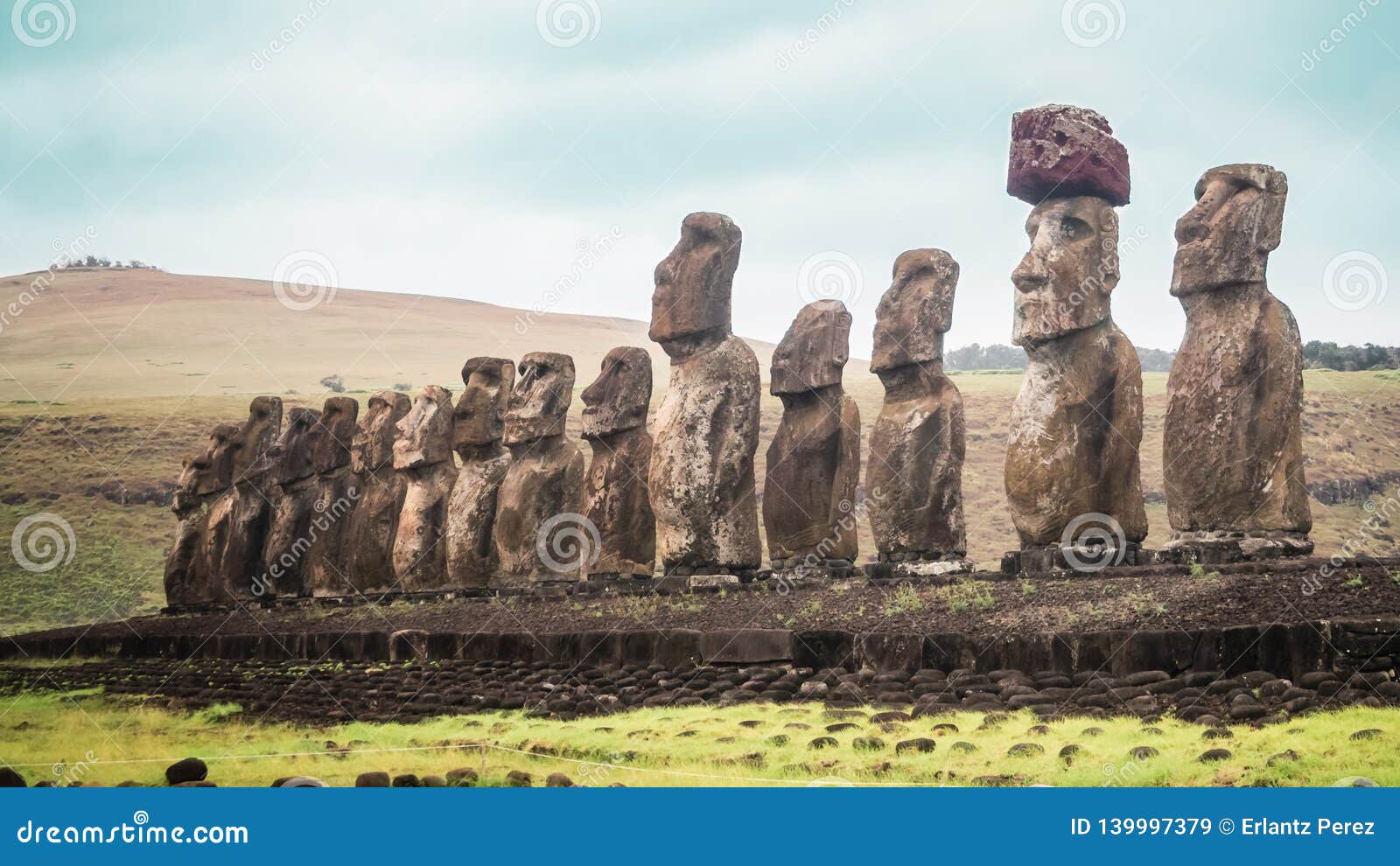 Panoramic View of the 15 Moai of Ahu Tongariki on Easter Island Stock ...