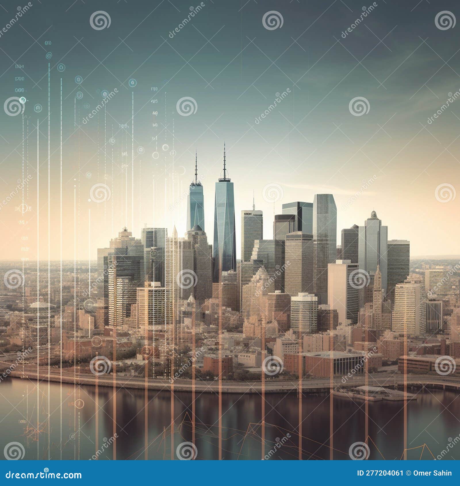 Panoramic View of Modern City Skyline with Chart and Graph Superimposed ...