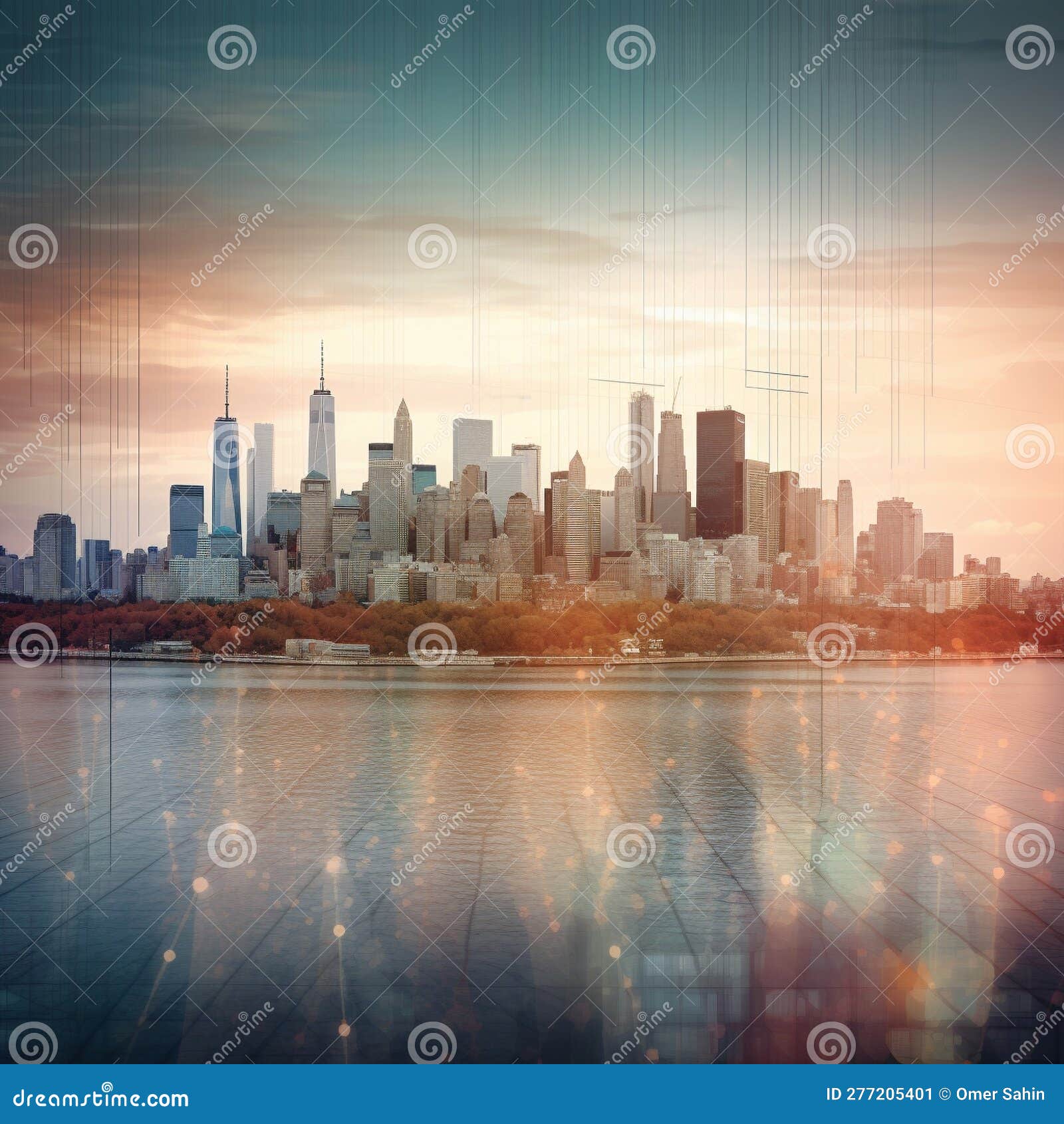 Panoramic View of Modern City Skyline with Chart and Graph Superimposed ...