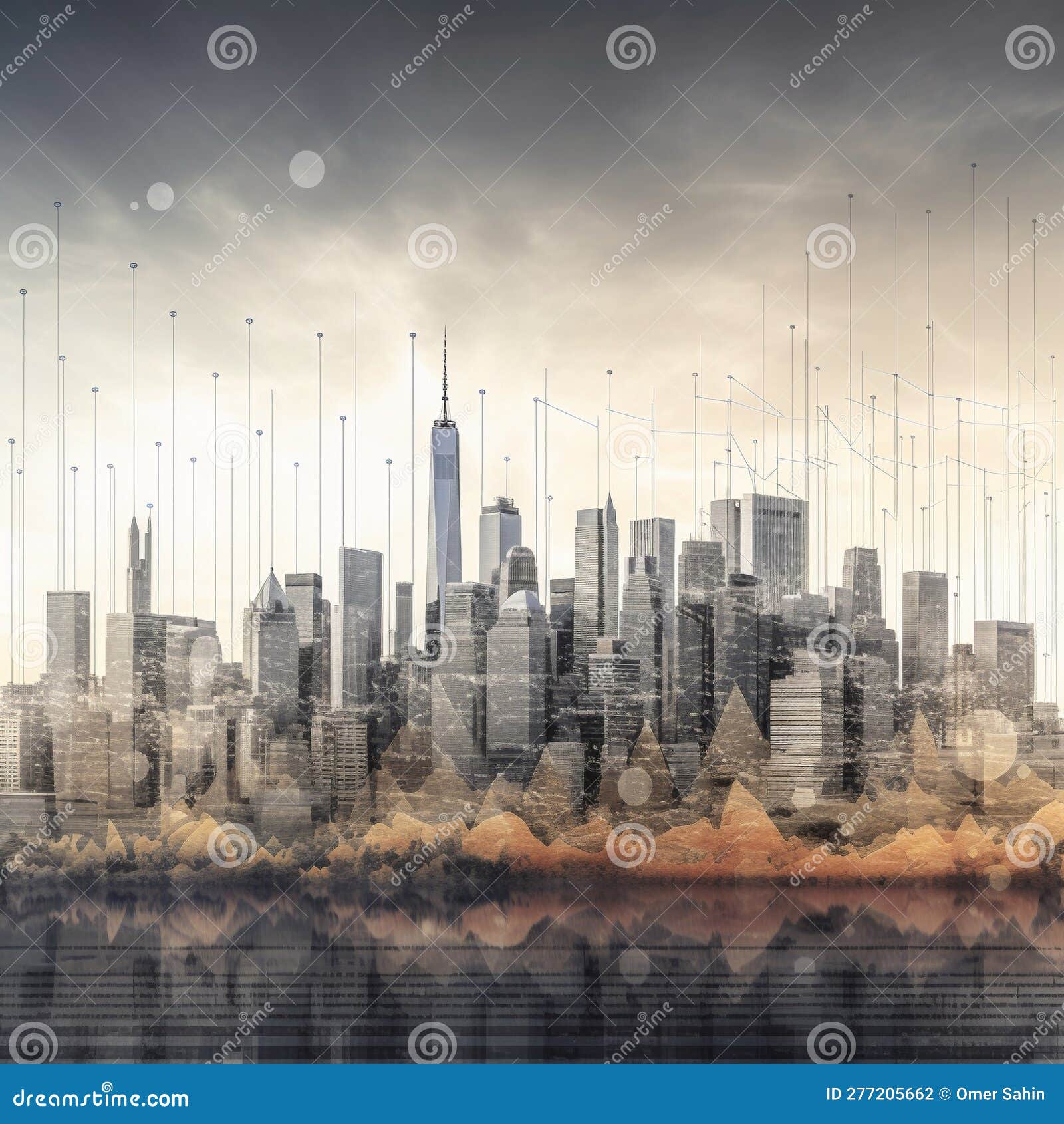 Panoramic View of Modern City Skyline with Chart and Graph Superimposed ...