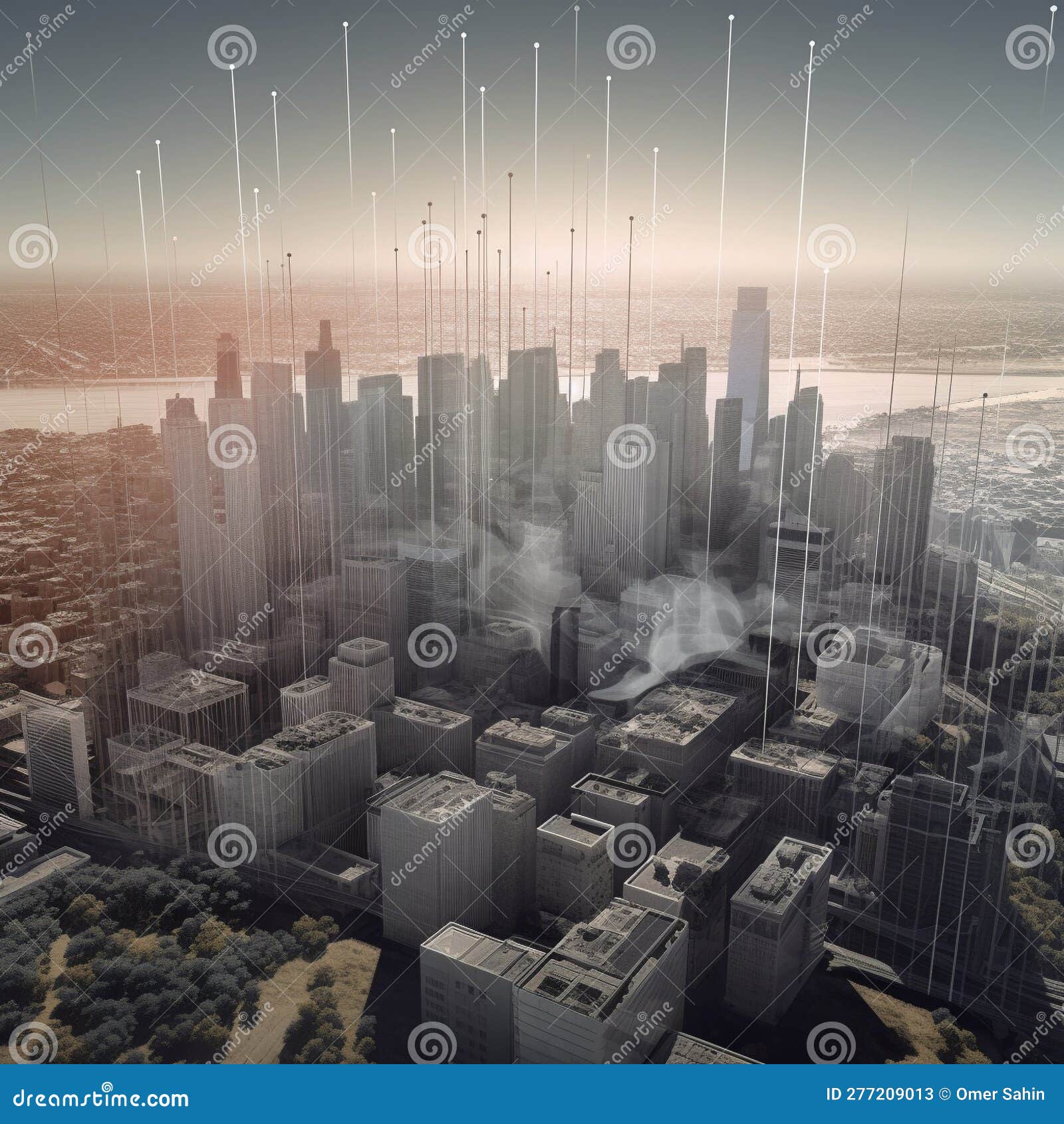 Panoramic View of Modern City Skyline with Chart and Graph Superimposed ...