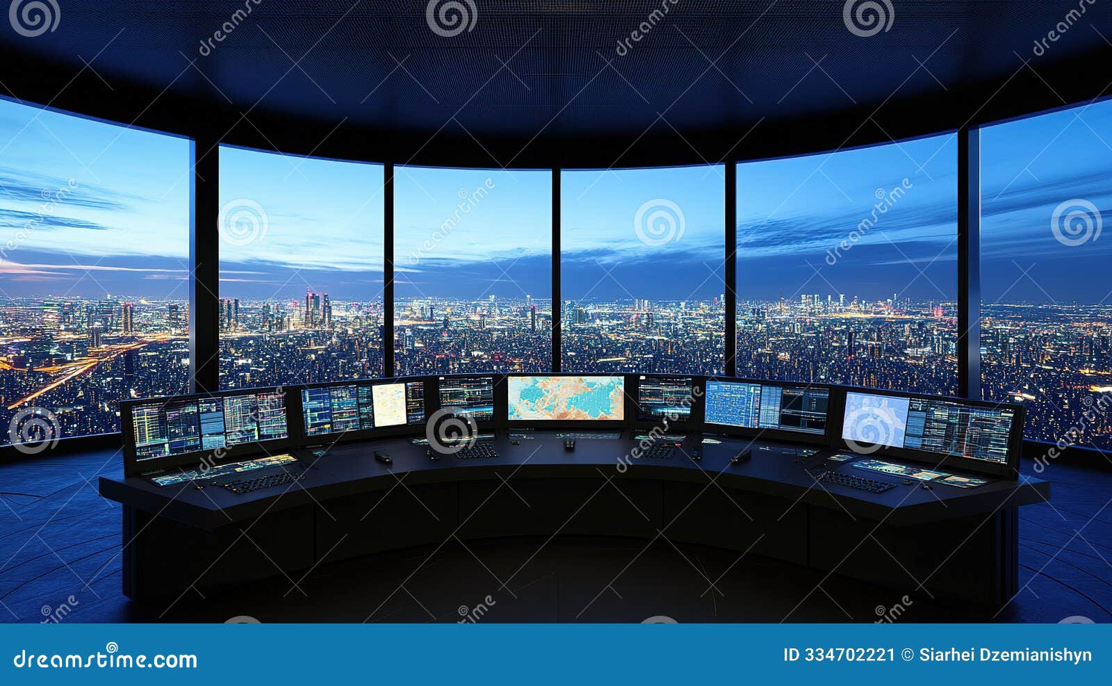 A Panoramic View of a Modern Control Room Overlooking a City Skyline at ...