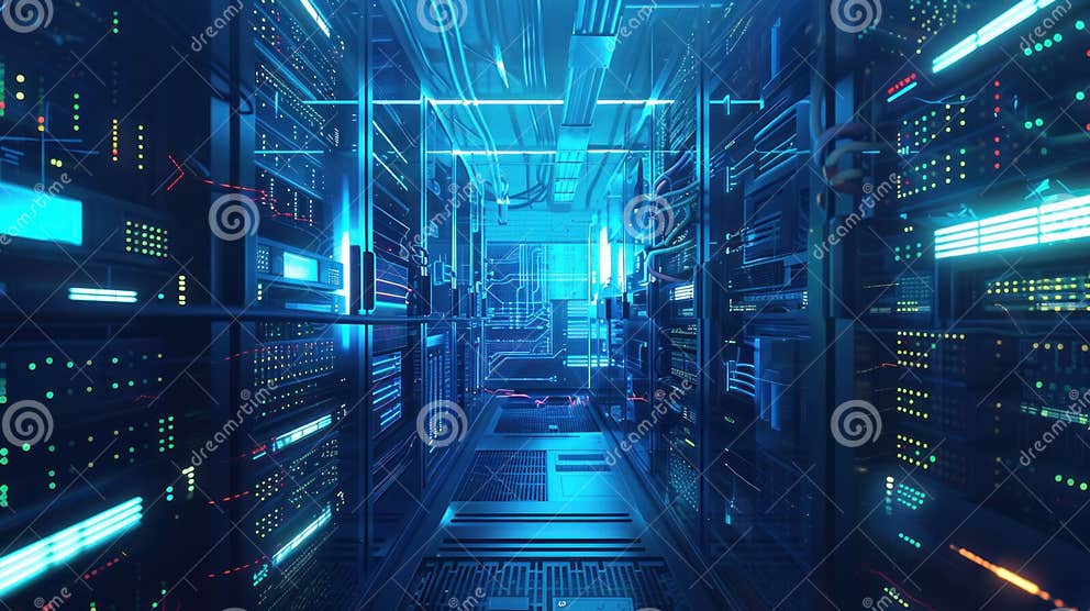 Futuristic Data Center with Glowing Server Racks and Vibrant Blue ...
