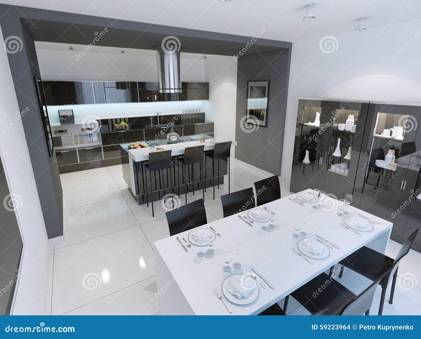 Panoramic View of Modern and Minimalist Kitchen Stock Photo - Image of ...