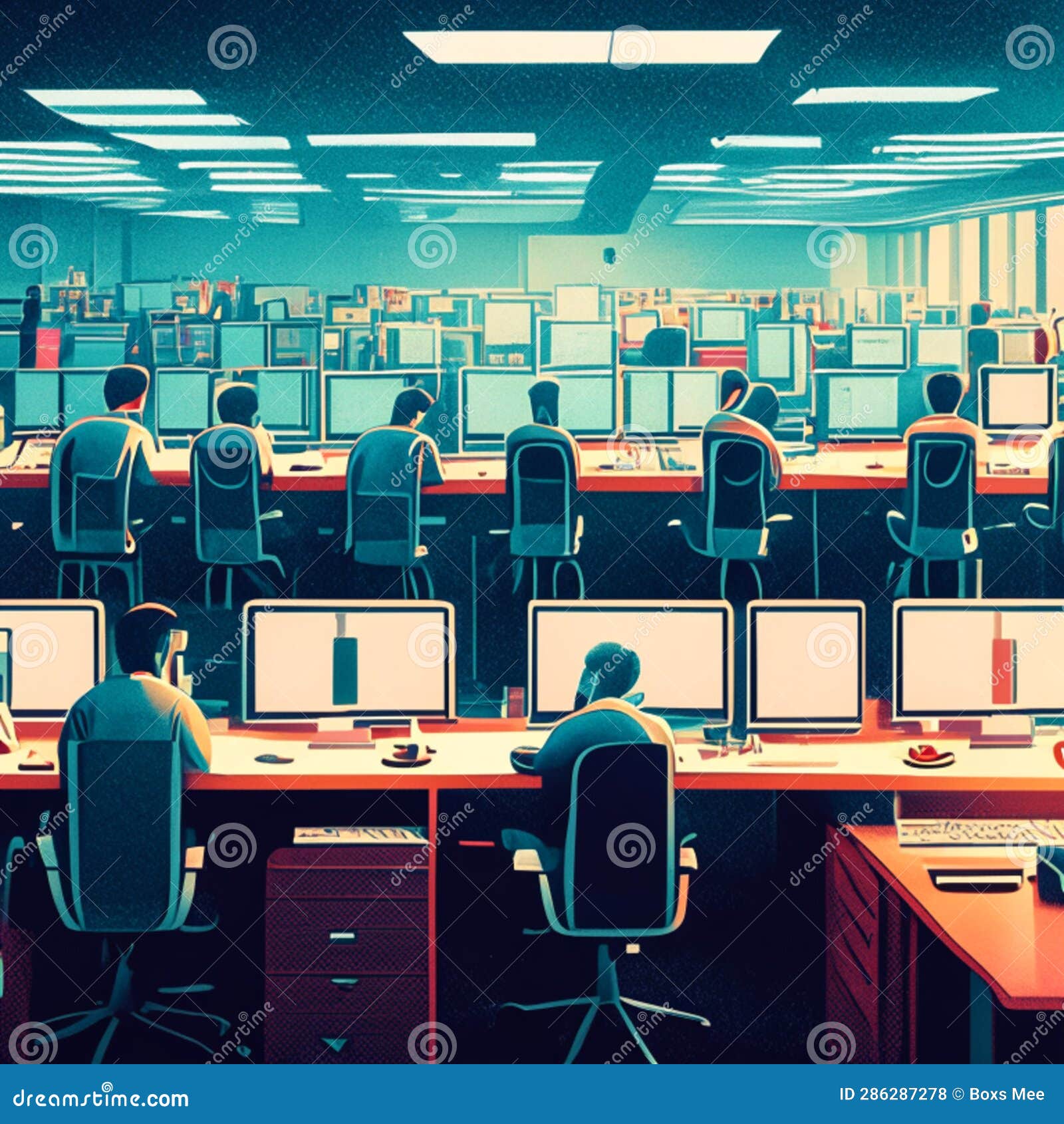 Panoramic View of Modern Office Interior with Computers and People ...