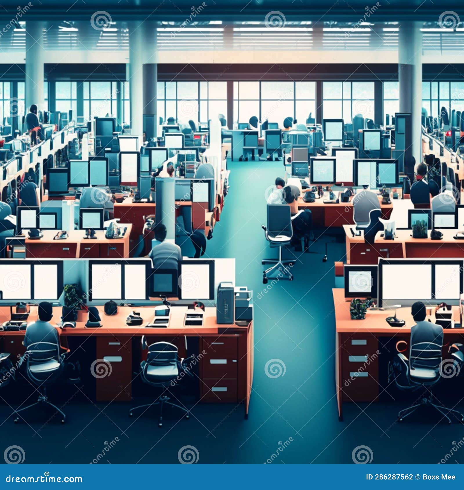 Panoramic View of Modern Open Space Office with Computers and People in ...