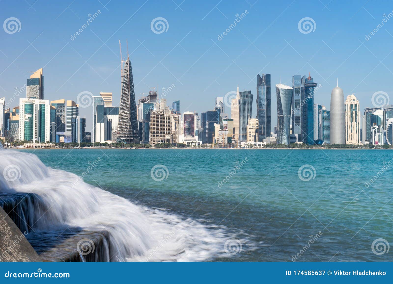 Panoramic View of Modern Skyline of Doha with Small Waterfall ...