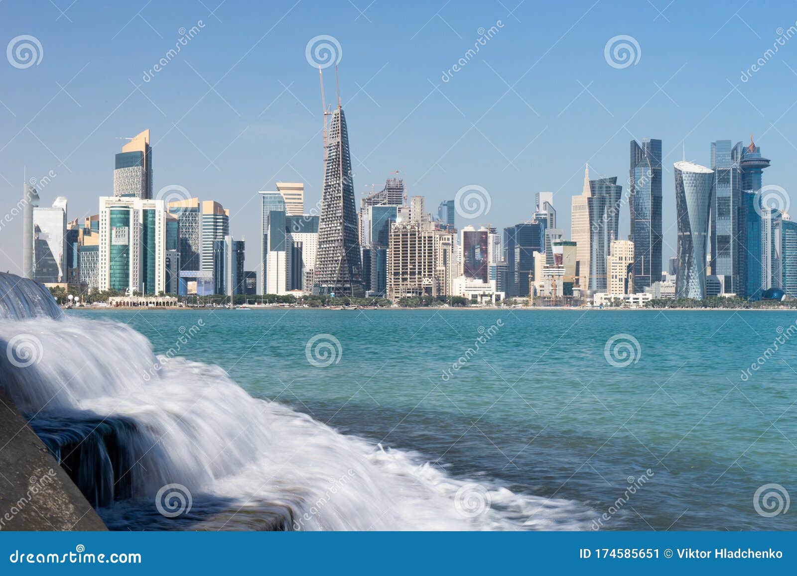 Panoramic View of Modern Skyline of Doha with Small Waterfall ...