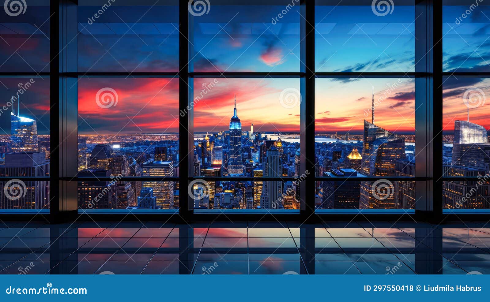 Panoramic View of Modern Skyscrapers at Sunset. Illustration Stock ...