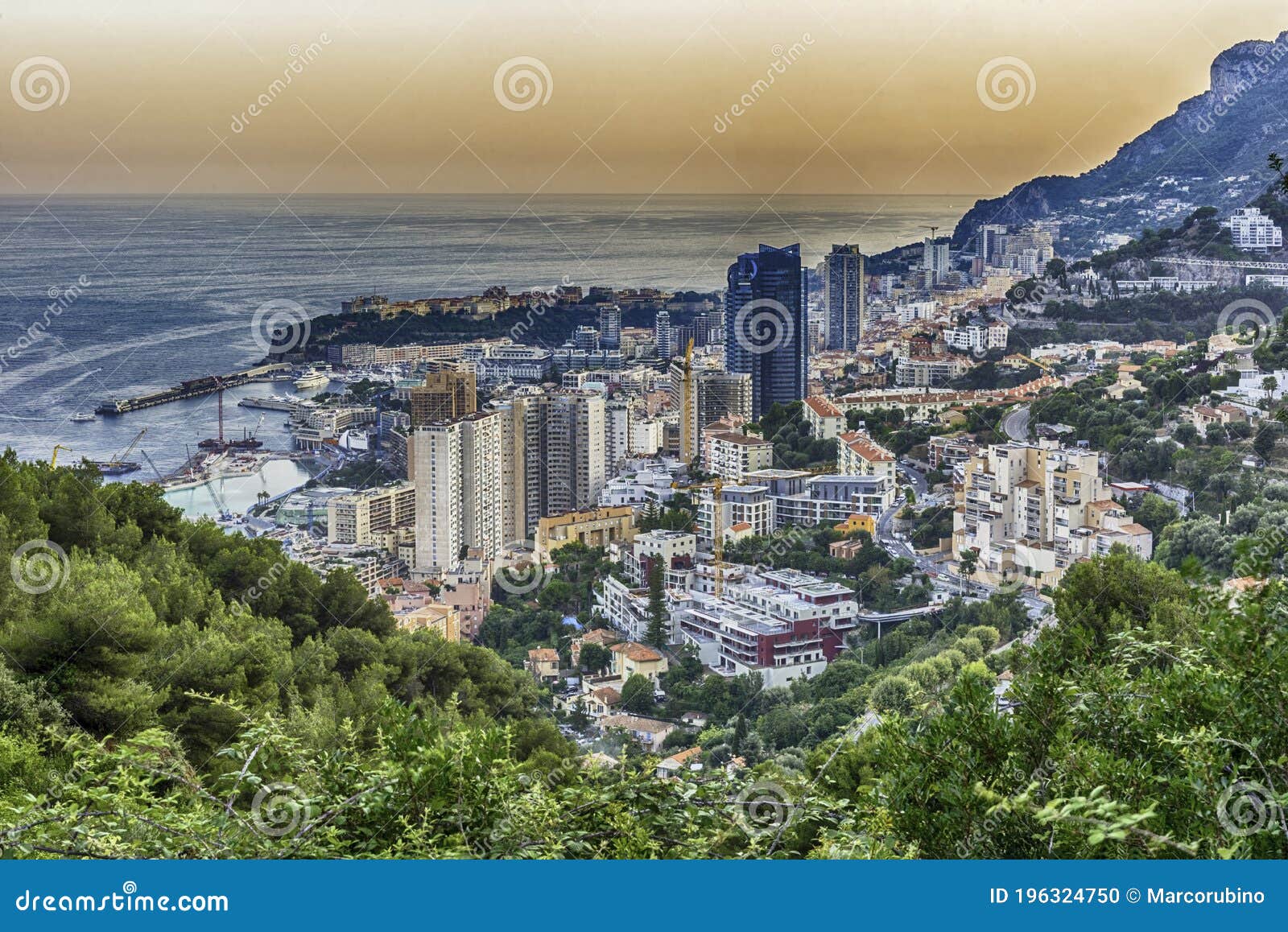 Panoramic View of Monaco at Sunset from the Grande Corniche Stock Photo ...