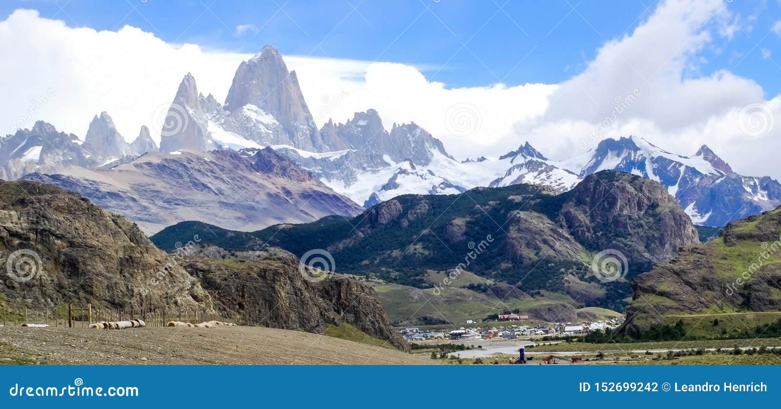 A Panoramic View of the Mount Fitz Roy Over the Blue Sky with Some ...