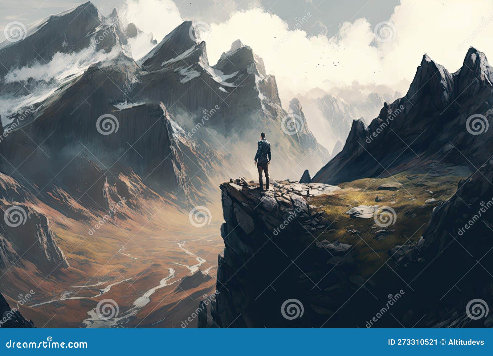 Panoramic View of the Mountains, with Man Standing Atop a Cliff and ...