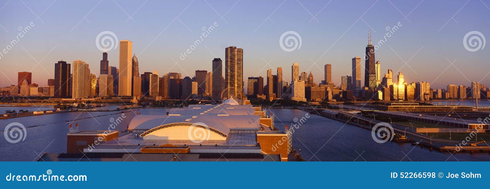 Panoramic View of Navy Pier and Chicago Skyline at Sunrise, Chicago, IL ...