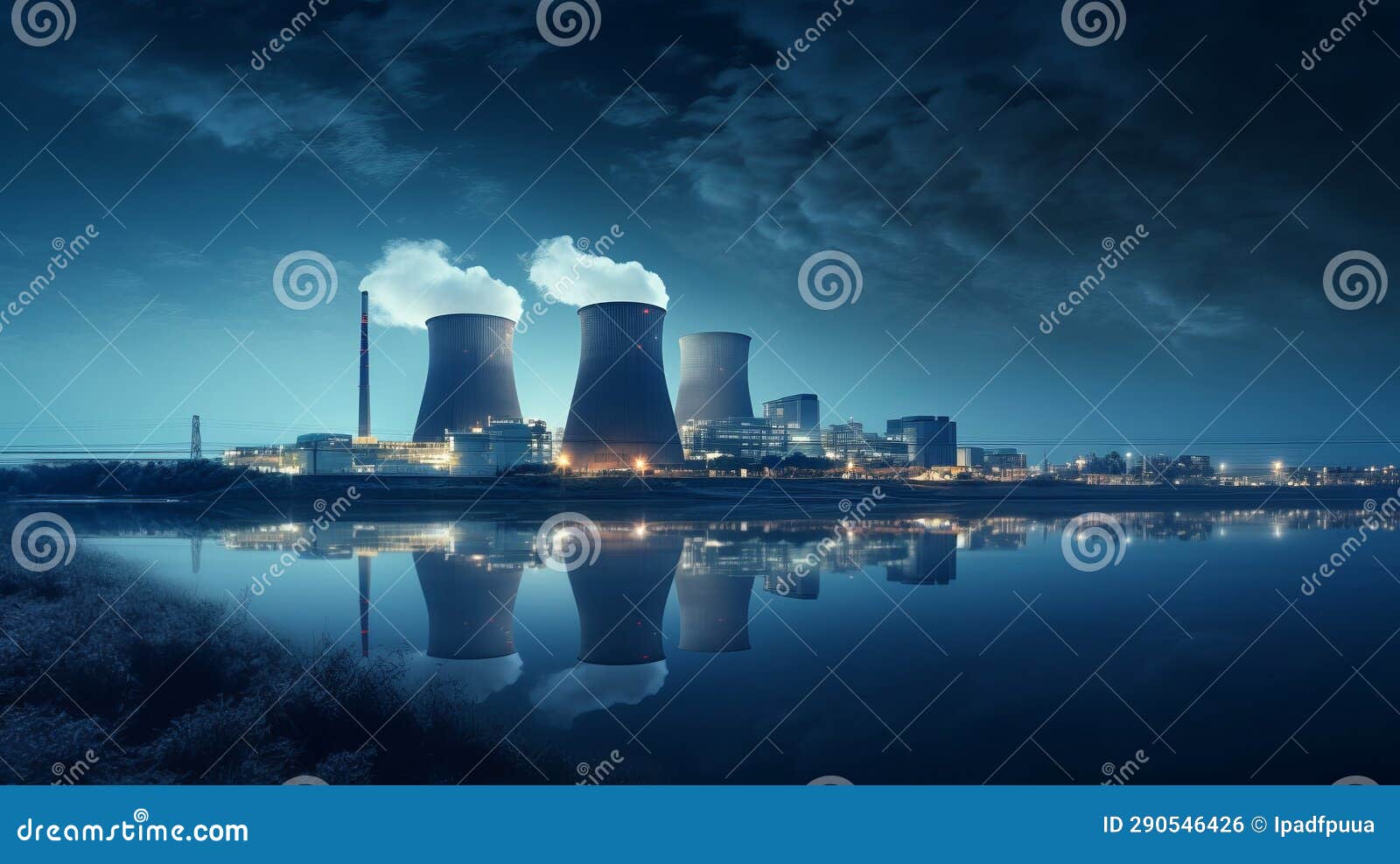 Panoramic View of a Nuclear Power Plant with Night Blue Sky Stock ...