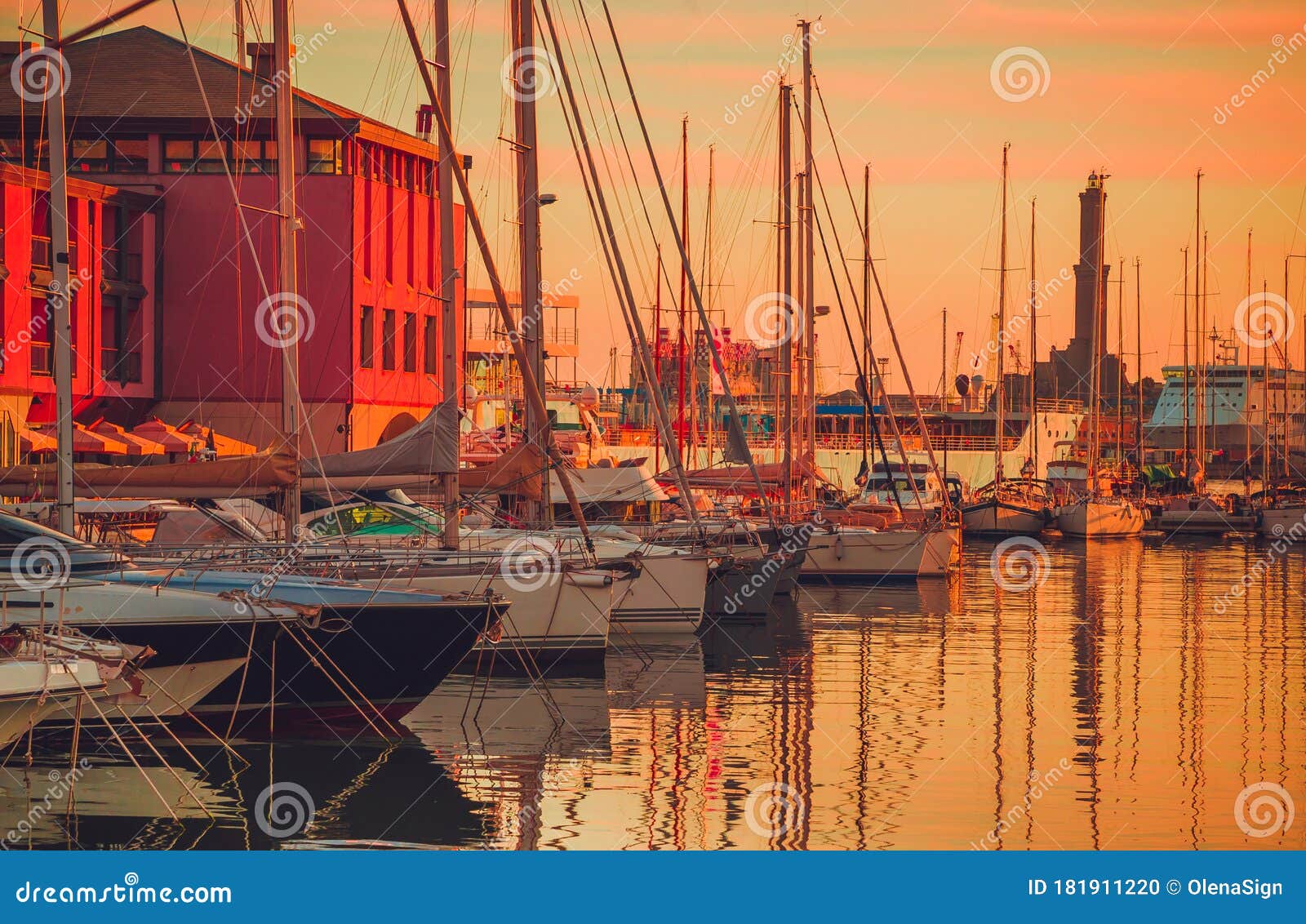 Panoramic View of Old Port of Genoa at Sunset, Liguria, Italy Stock ...
