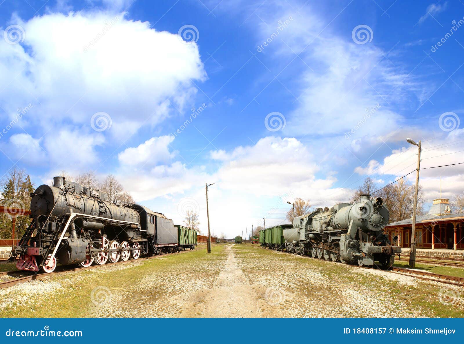 Panoramic View on an Old Railway with Two Trains Stock Image - Image of ...
