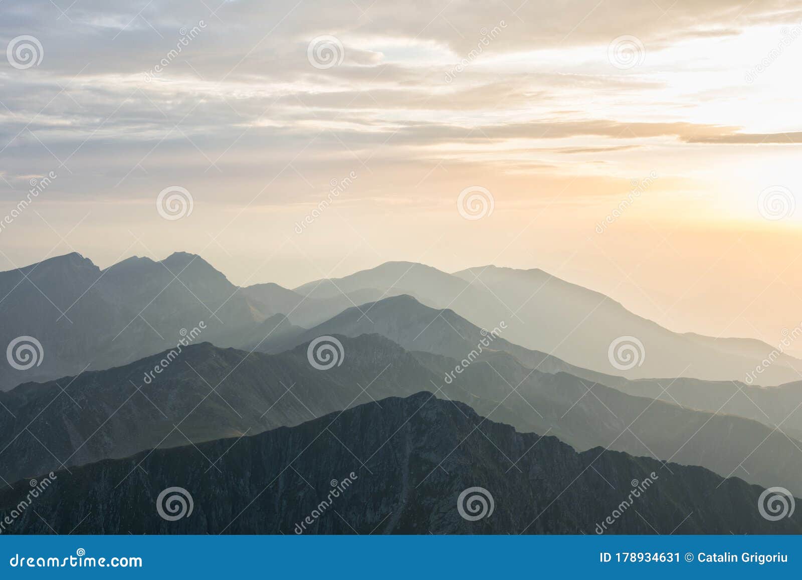 Panoramic View Over Layers of Mountain Ridges in the Sunset Light Stock ...