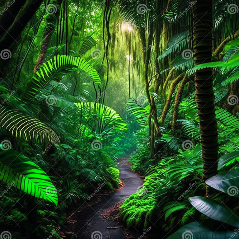 Panoramic View of a Pathway through a Lush Tropical Rainforest AI ...
