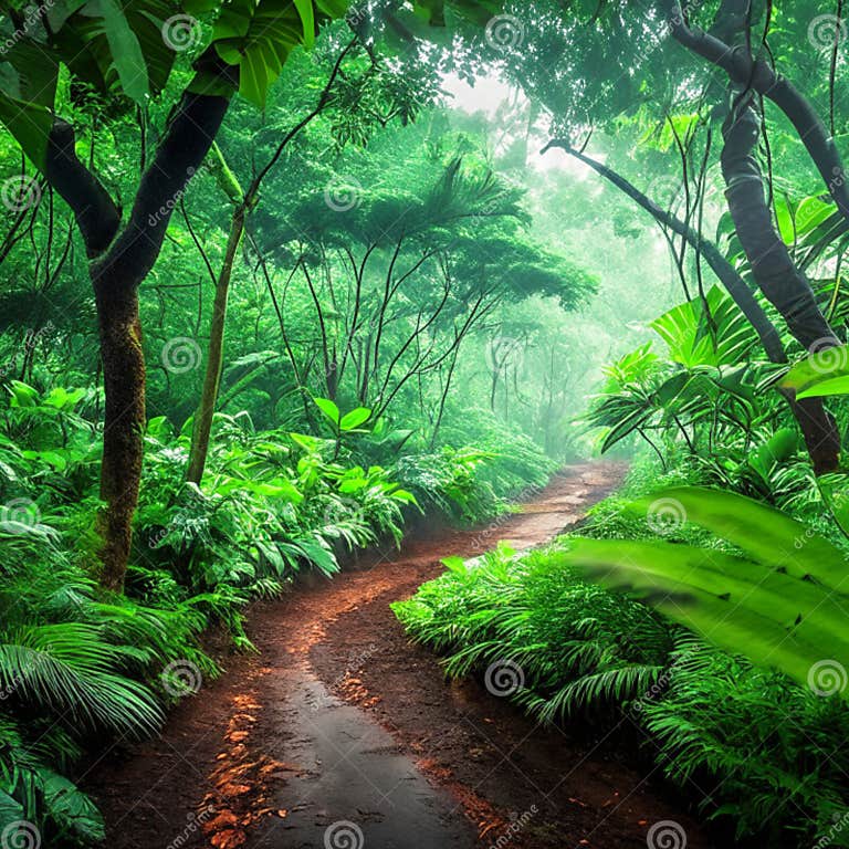 Panoramic View of a Pathway in a Tropical Rainforest. AI Generated ...