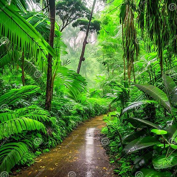 Panoramic View of a Pathway in a Tropical Rainforest. Generative AI ...