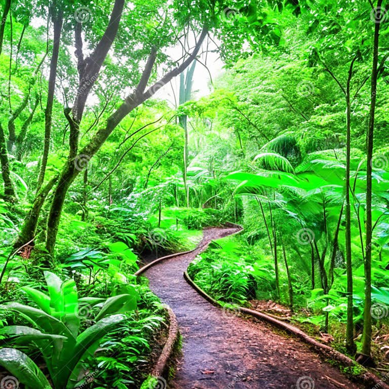 Panoramic View of a Pathway in a Tropical Rainforest. Generative AI ...