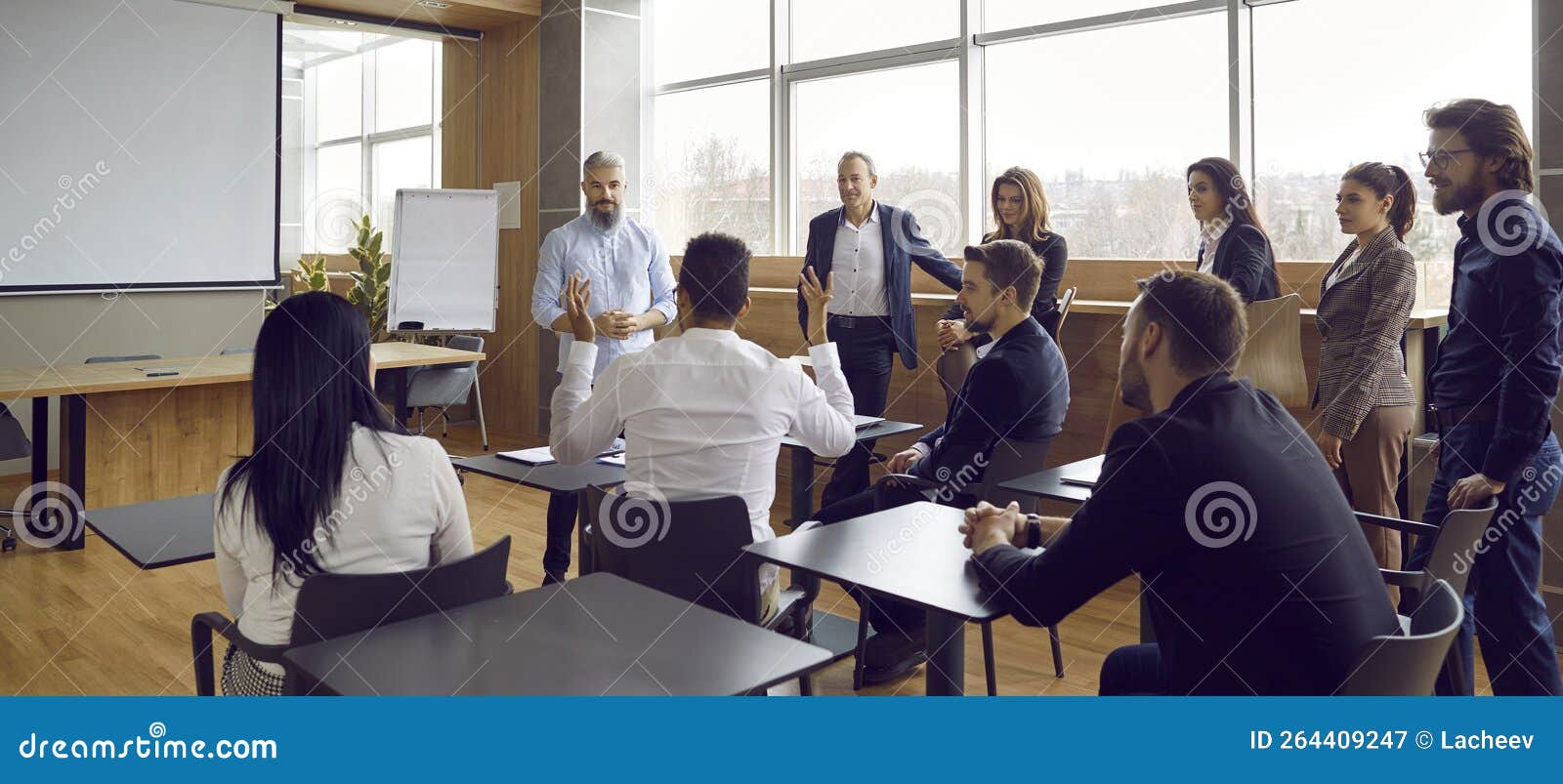 Panoramic View of People Office Staff Standing in Office Talking during ...