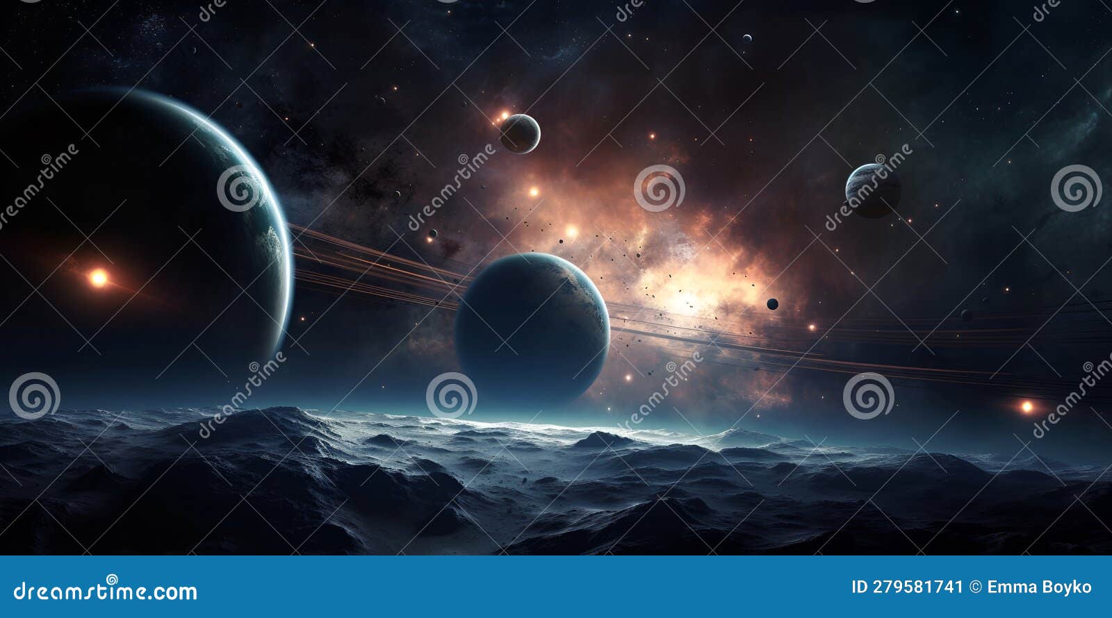 Panoramic View of the Planets in the Distant Solar System in Space ...