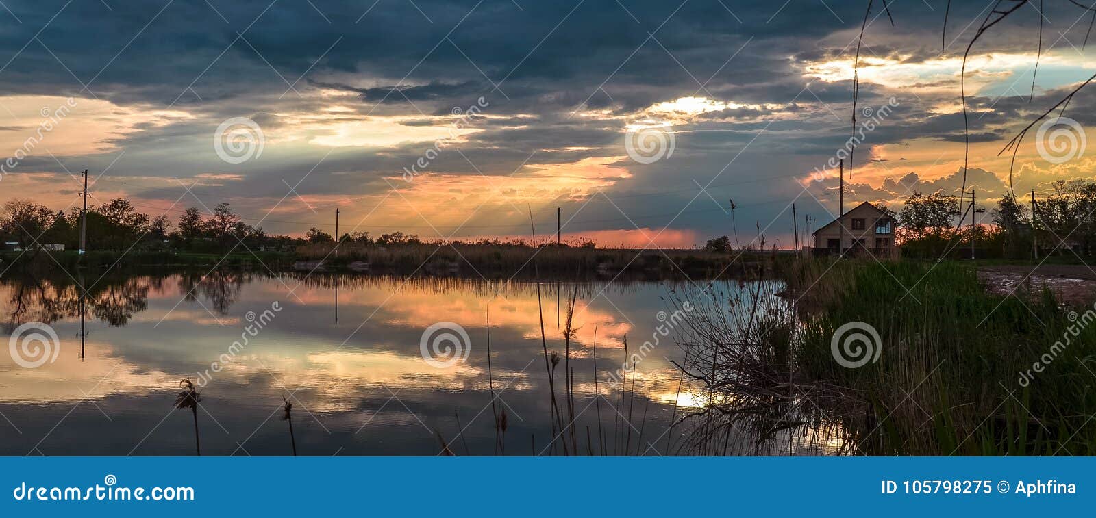 Panoramic view of the pond stock image. Image of house - 105798275