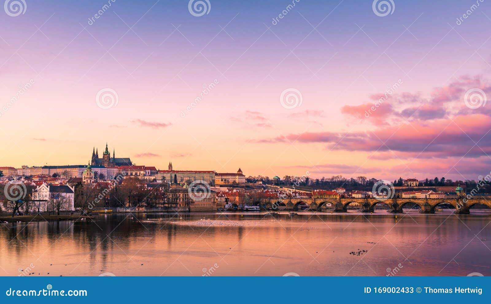 Panoramic View of Prague Gothic Castle with Charles Bridge after Sunset ...