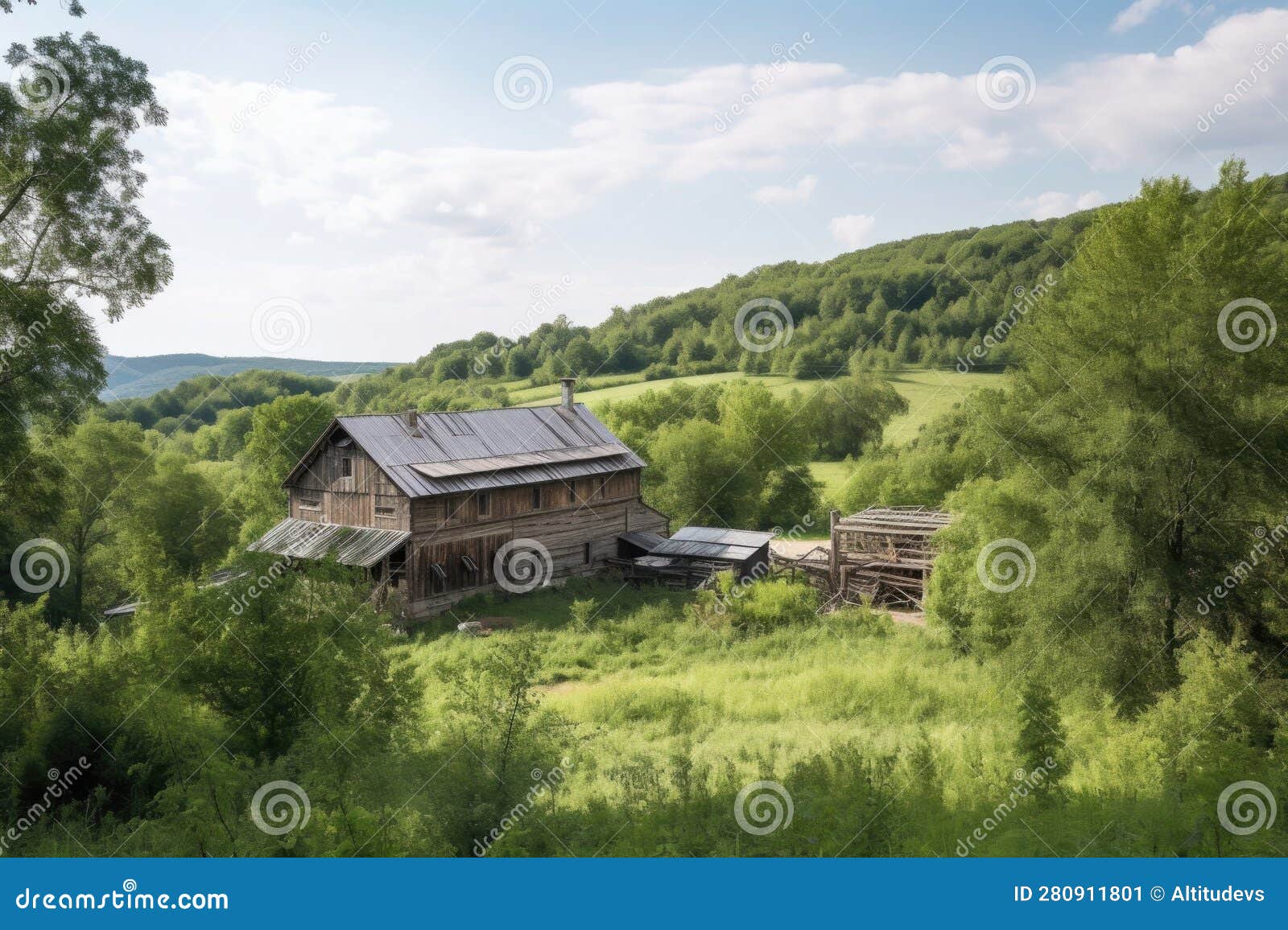 Panoramic View of Rustic Barn Surrounded by Lush Greenery and Rolling ...