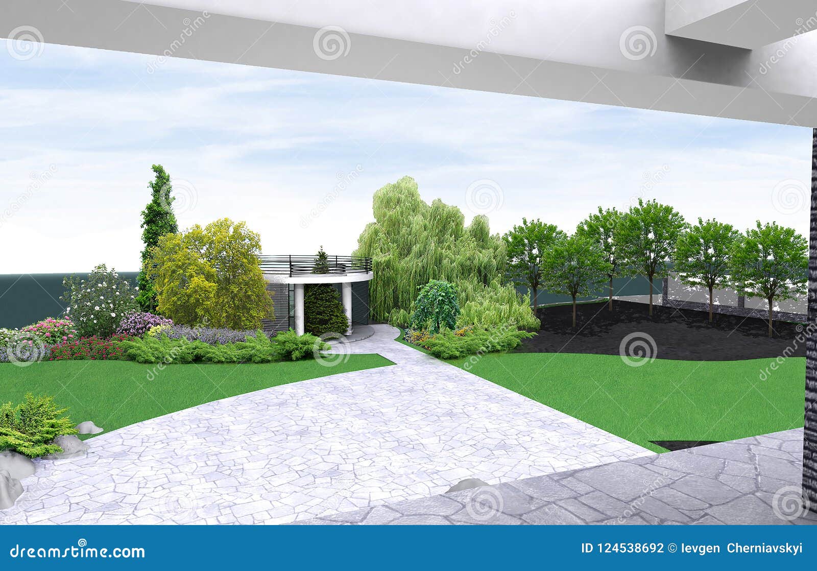 Panoramic View of the Scenery Style Garden, 3D Render Stock ...