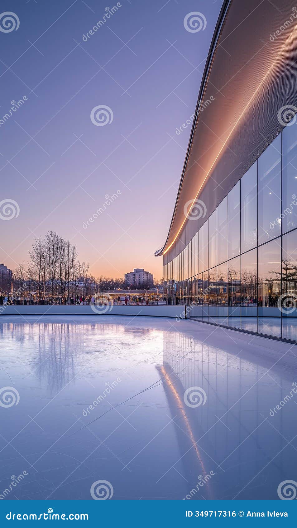 Panoramic View of a Serene Ice Rink at Sunset with Reflections and ...