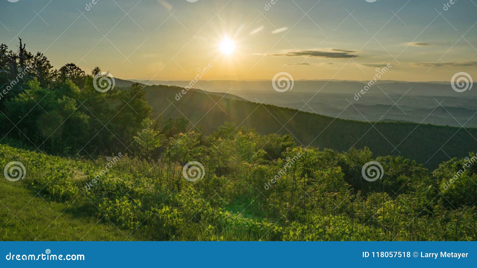 A Panoramic View of the Setting Sun in the Blue Ridge Mountains Stock ...