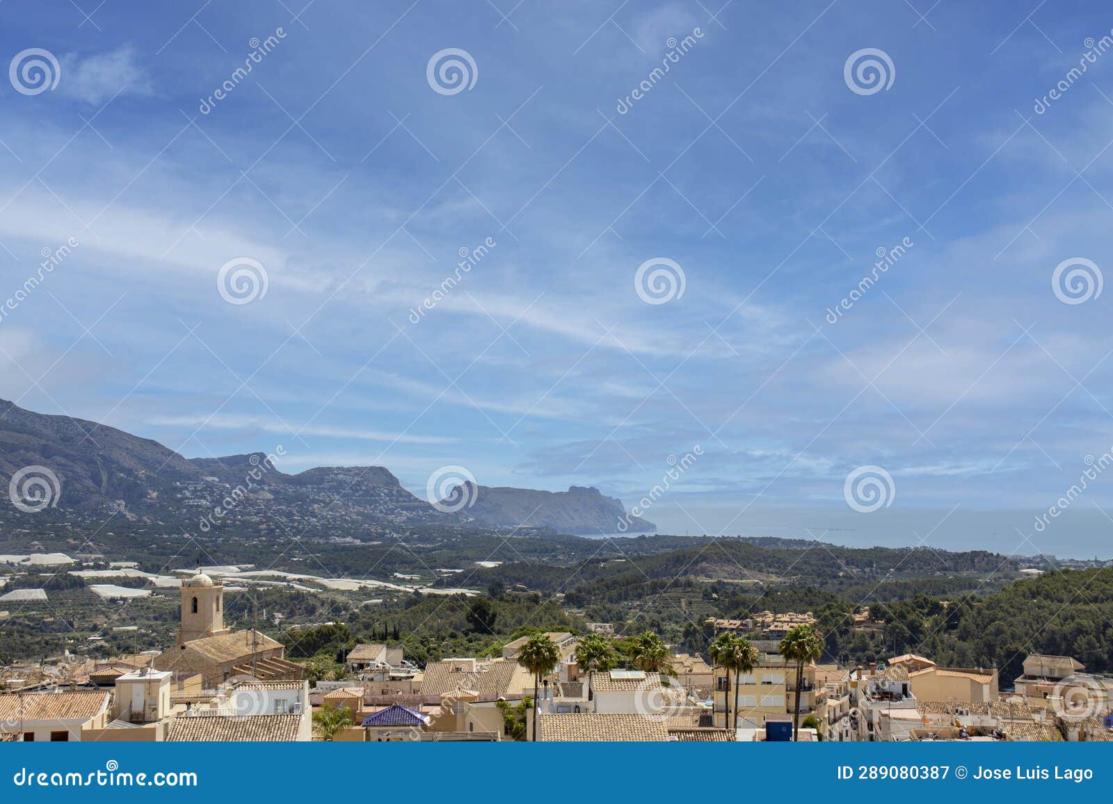 Panoramic View of Spanish Mediterranean Village, with Sea and Mountain ...