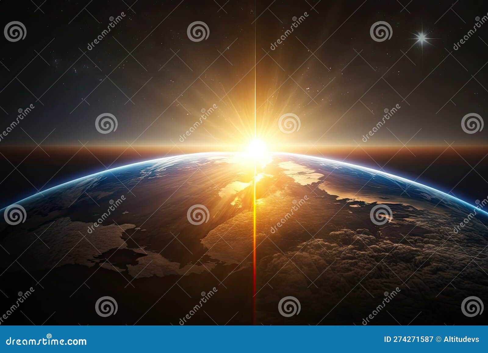 Panoramic View of the Sun Rising Over a Globe, with Rays of Light ...