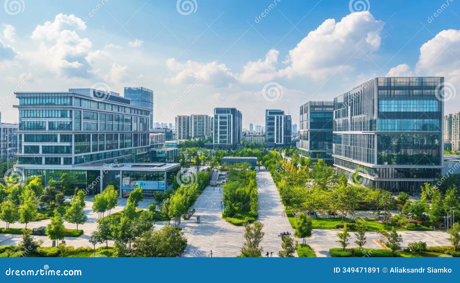 Panoramic View of Tech Campus with Interconnected Futuristic Buildings ...