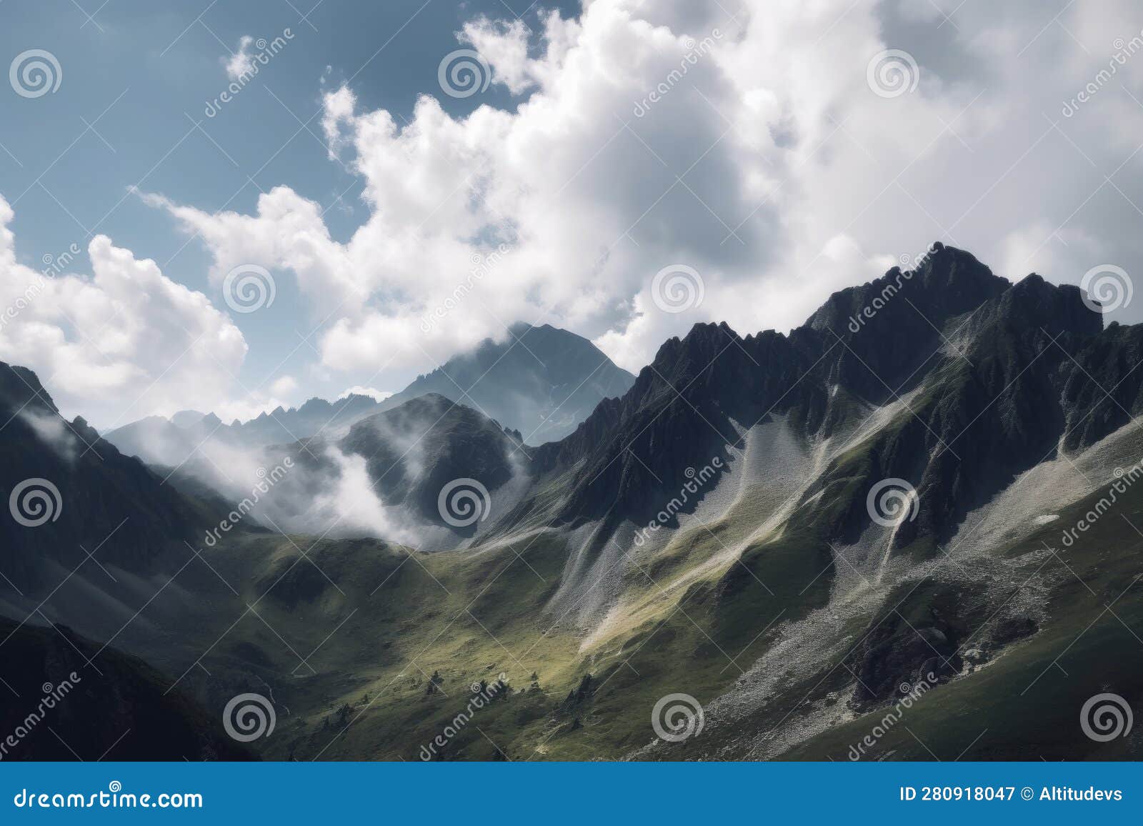 Panoramic View of Towering Mountain Range with Clouds Scudding Across ...