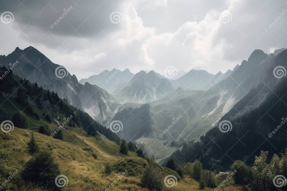 Panoramic View of Towering Mountain Range with Clouds Scudding Across ...