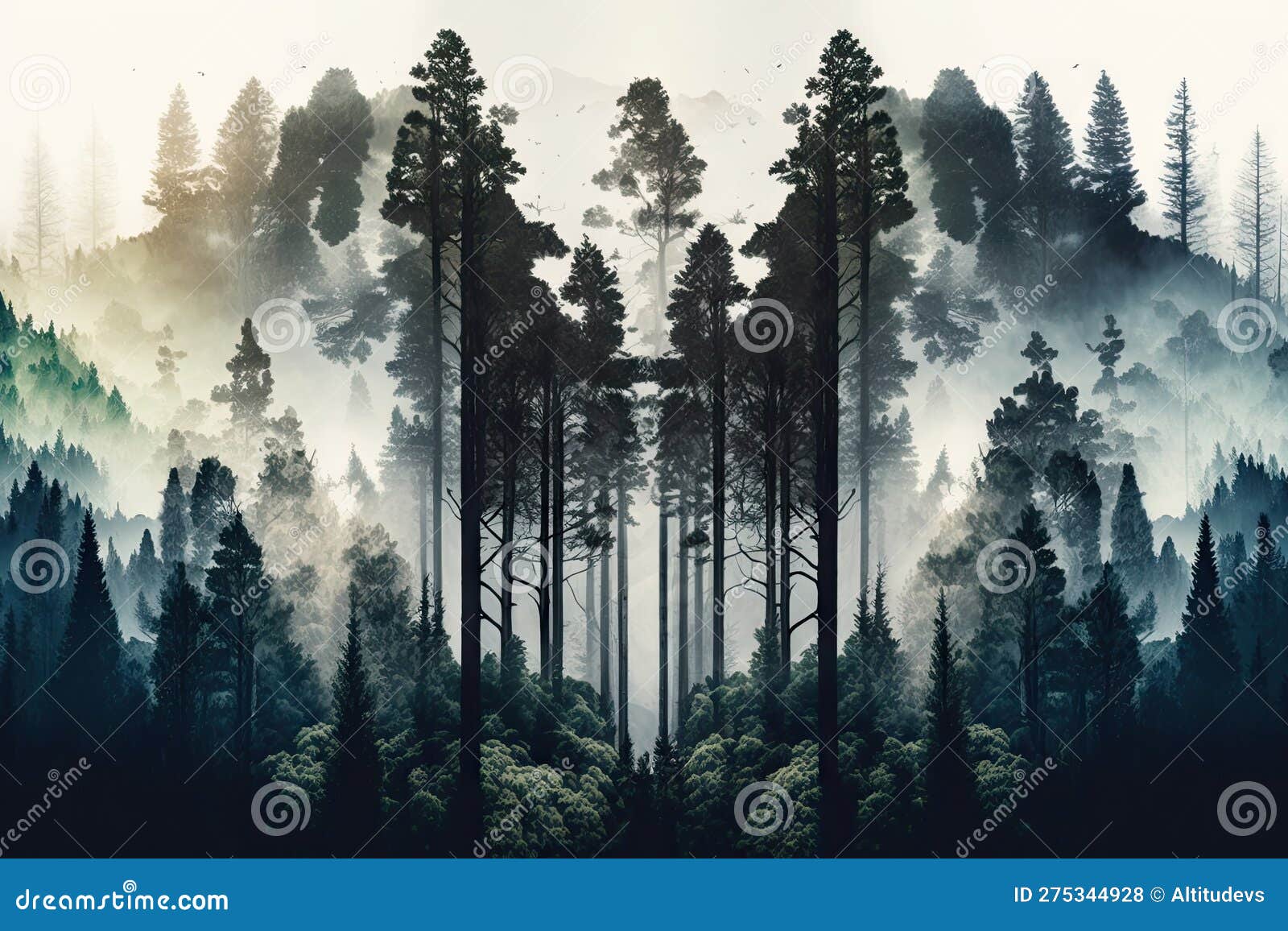 Panoramic View of Towering Trees, Surrounded by Misty Forest Stock ...