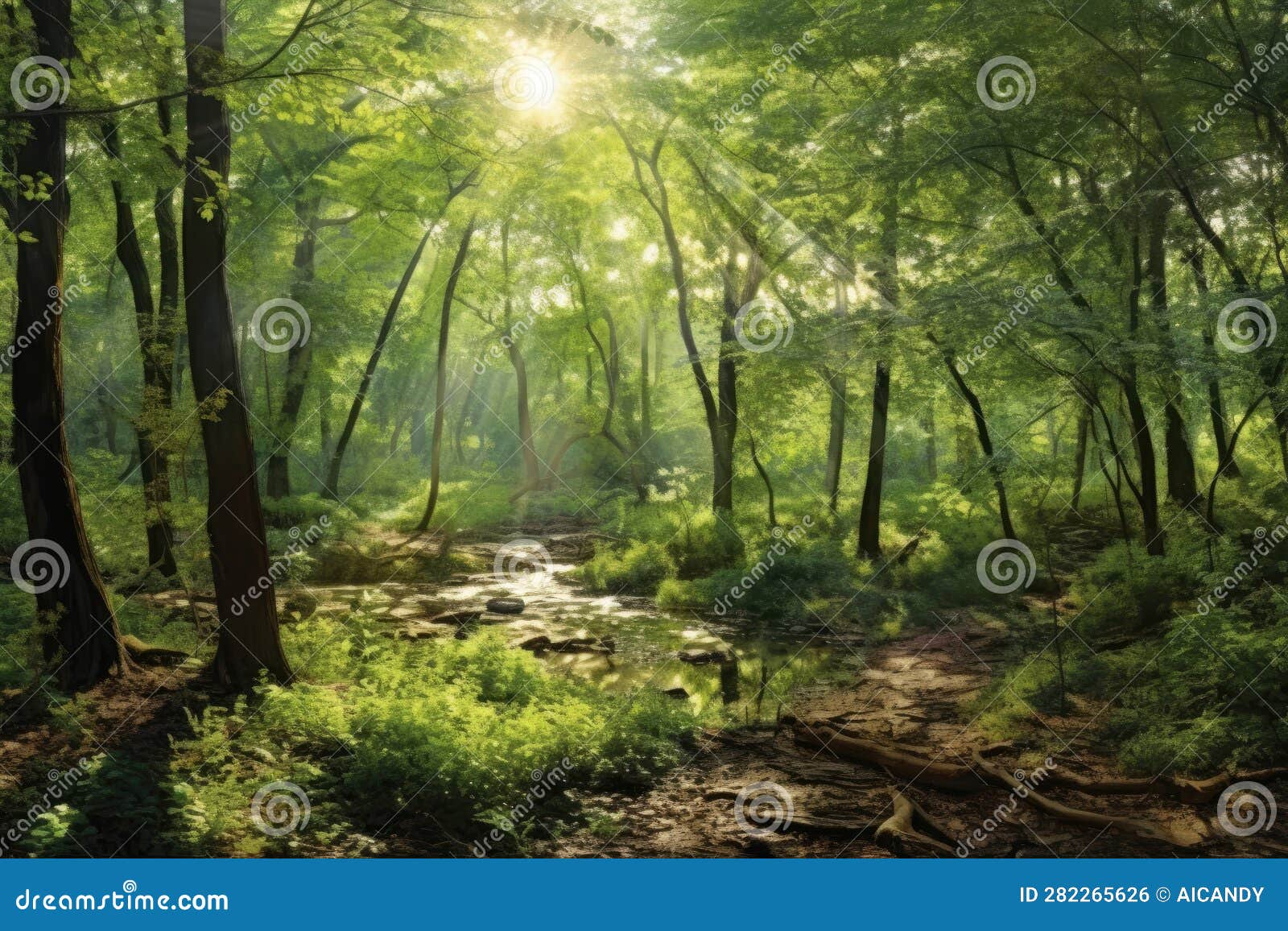 Panoramic View of a Tranquil Forest Glade, with Sunlight Filtering ...