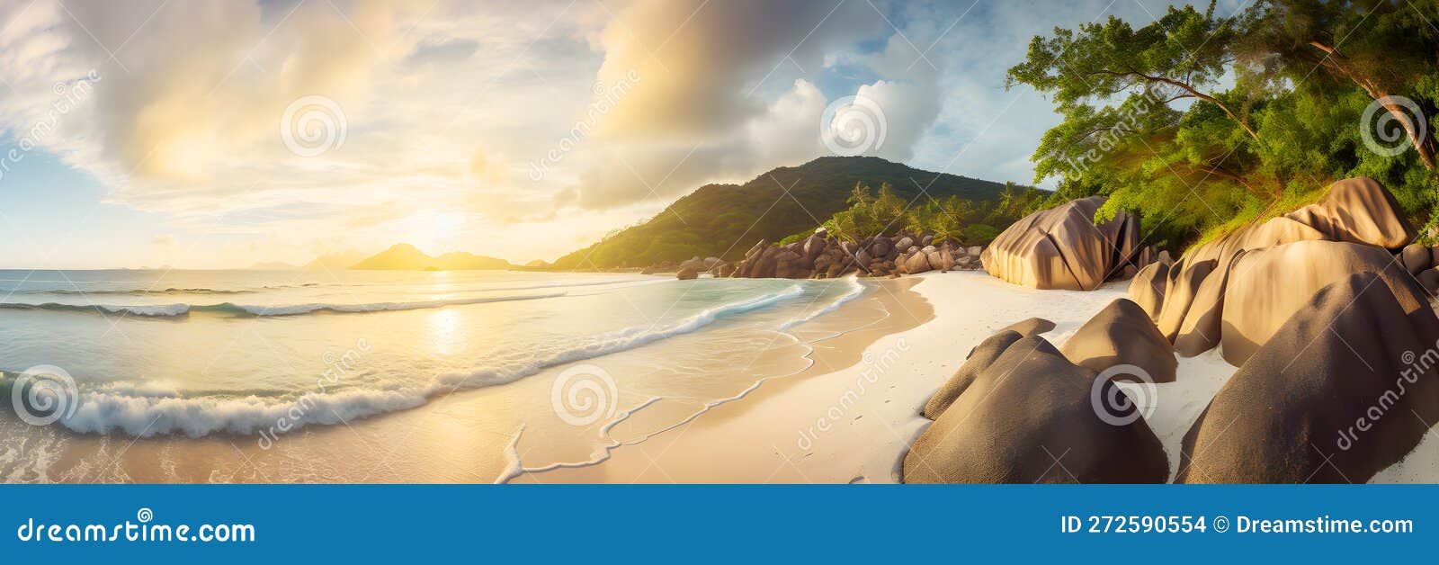 Panoramic View of a Tropical Beach at Sunset, Illustrator Ai Generative ...