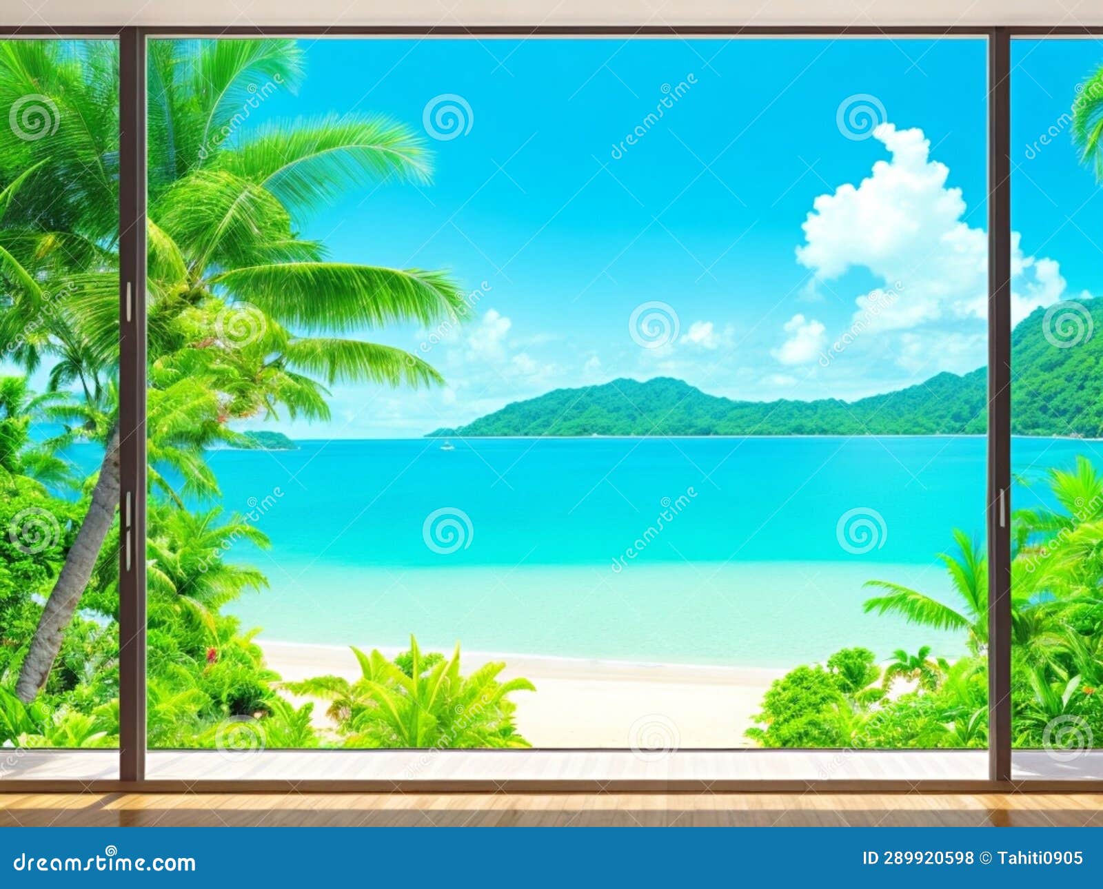 Panoramic View of a Tropical Paradise Framed by a Large Window with a ...