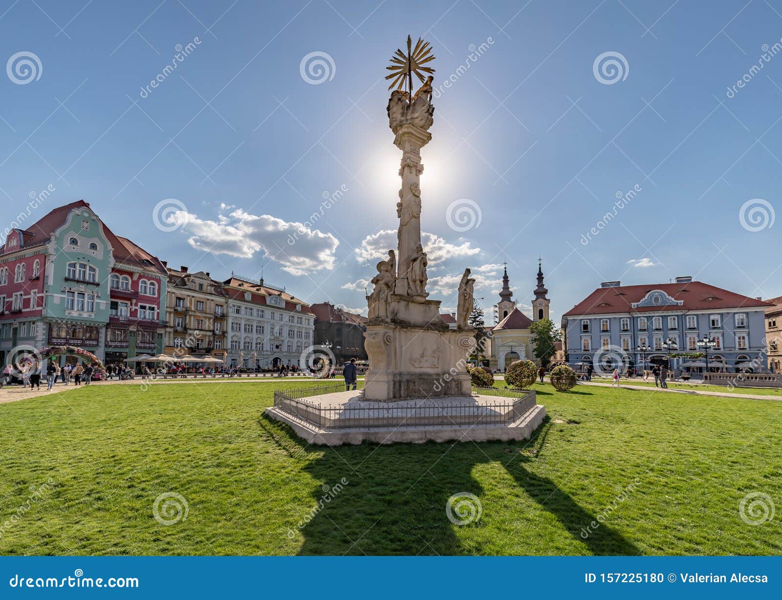 Panoramic View of Union Square in Timisoara and Statue of Holy Trinity ...